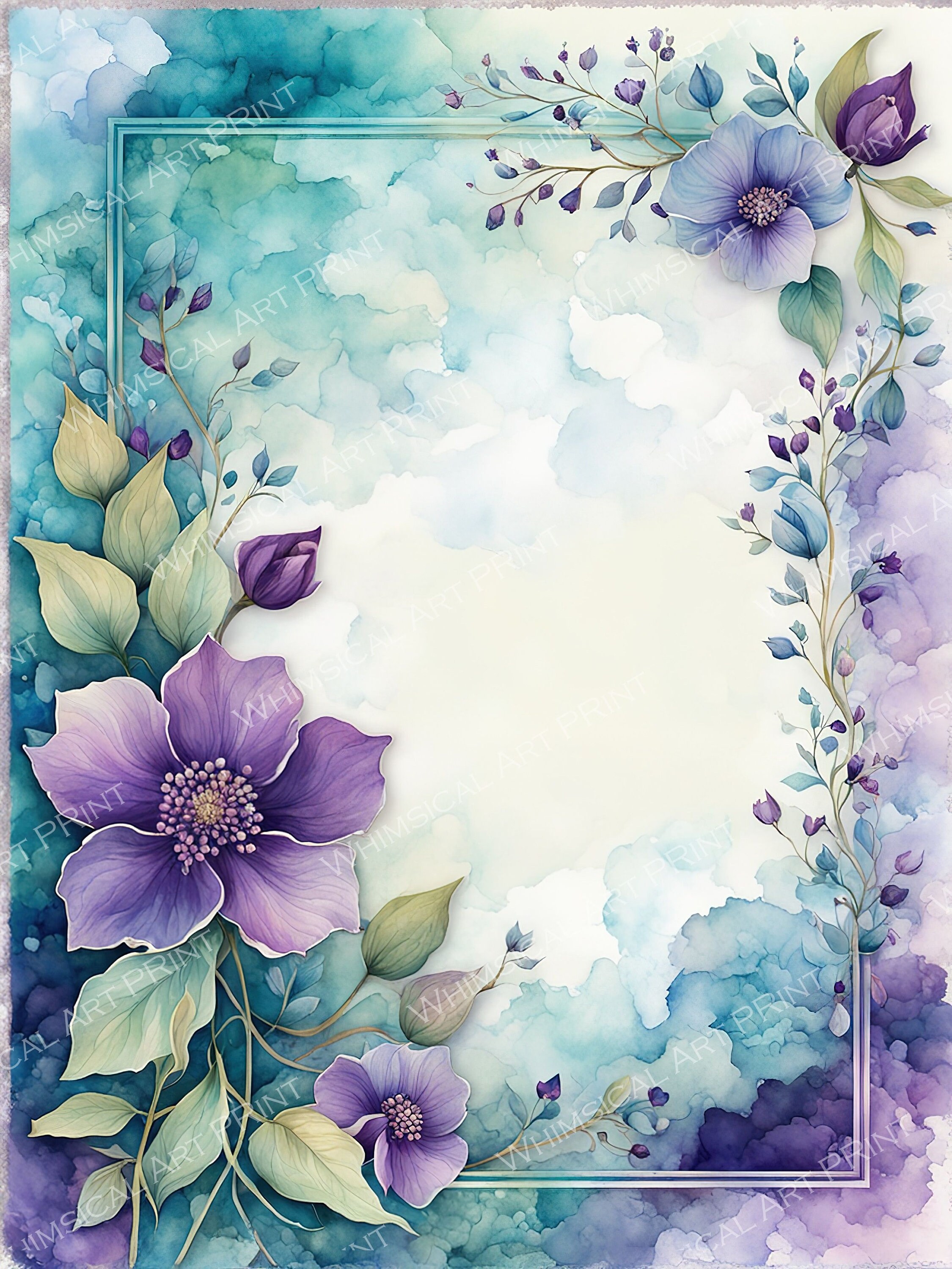 Watercolor Violet Floral Frame Digital Paper Pack, Deep Teal Accents ...