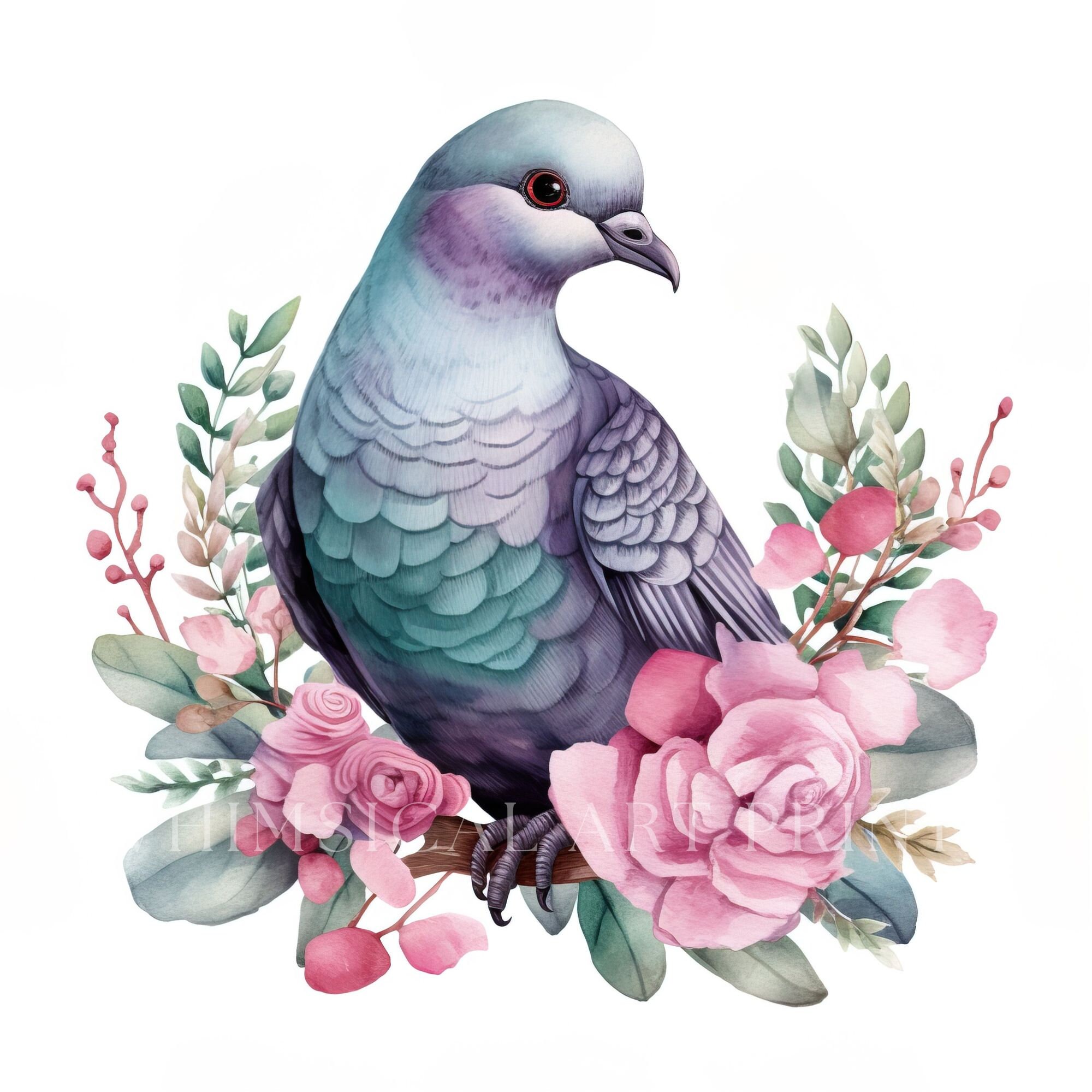 Pigeon Bird Clipart, Flowers, Green Pigeon on Flowery Branch Art ...