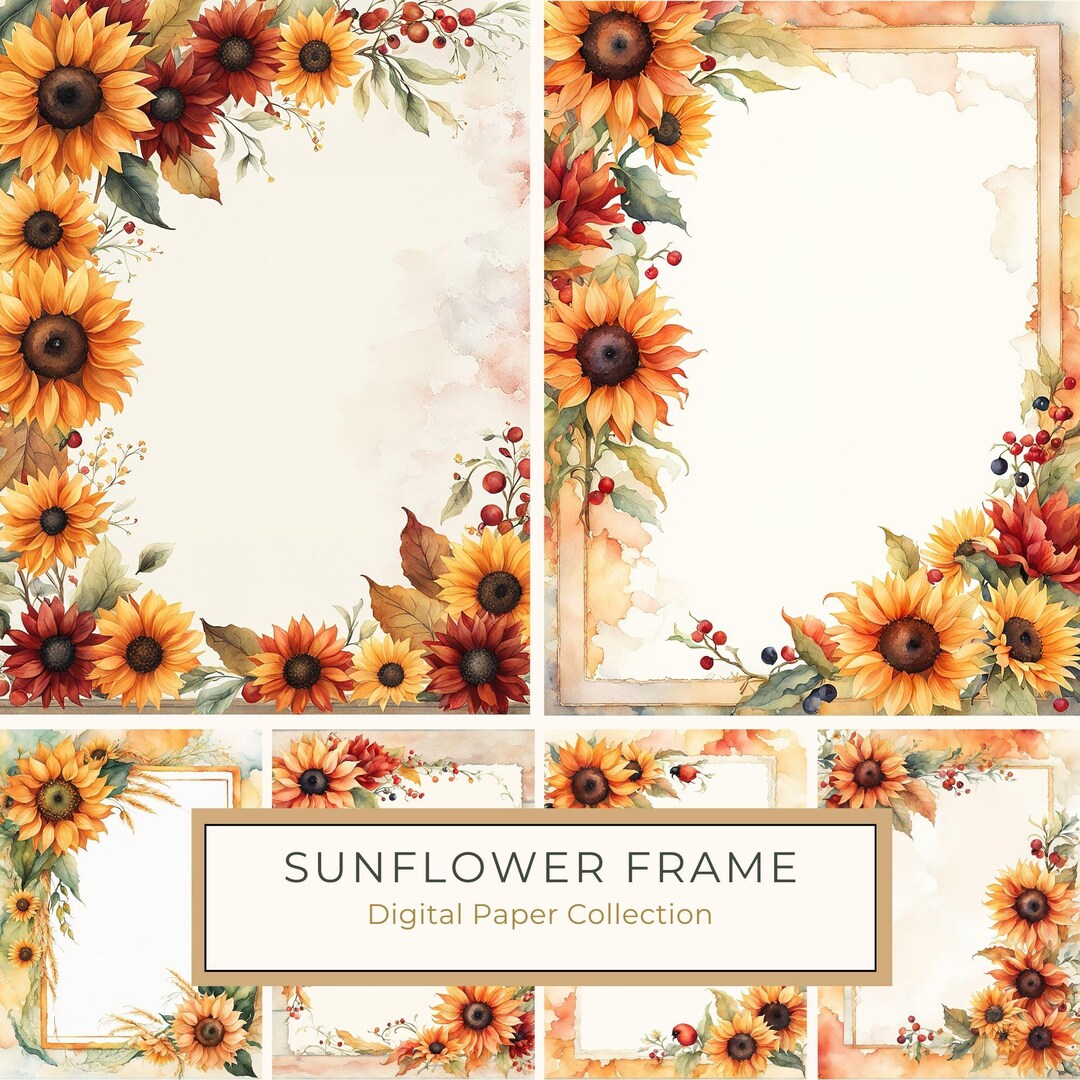 Watercolor Sunflower Frame Digital Paper Pack, 10 JPG Autumn Floral ...