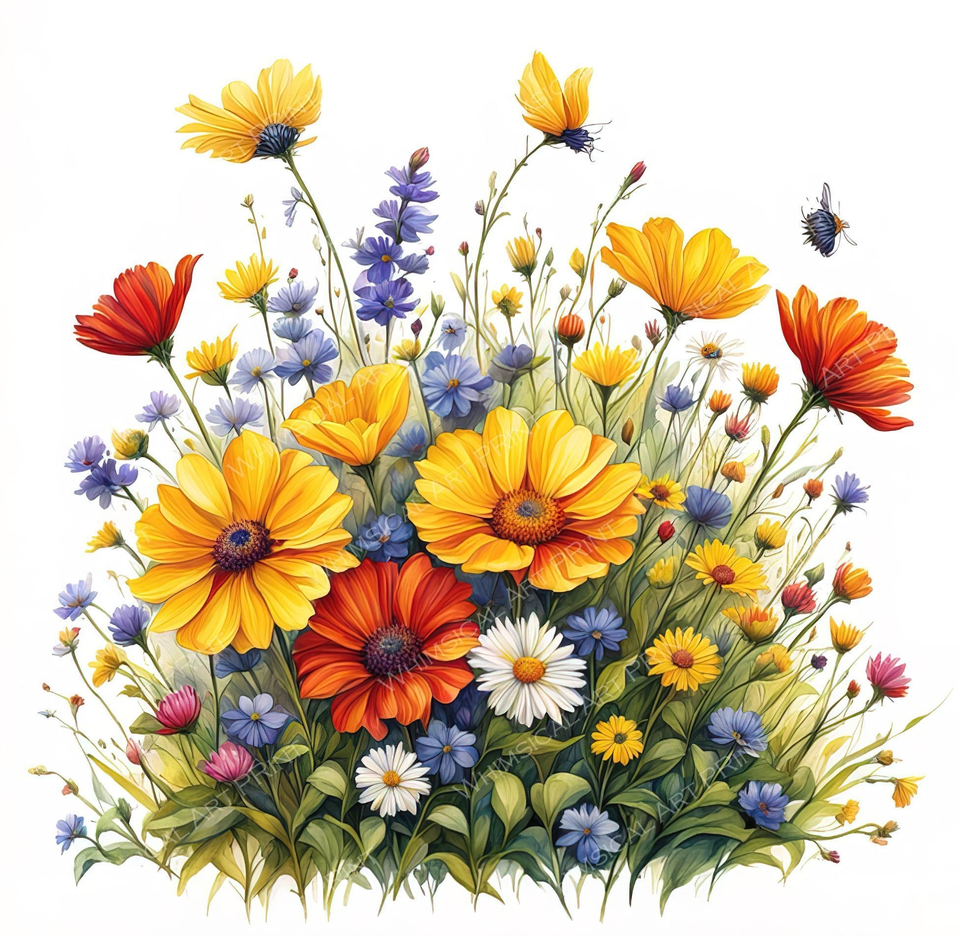 Yellow Wildflower Garden Clipart, Colorful Mix Flowerbed Watercolor ...