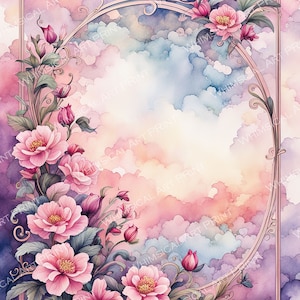 Watercolor Pink & Mauve Flowers Border Digital Paper Pack, Botanical ...