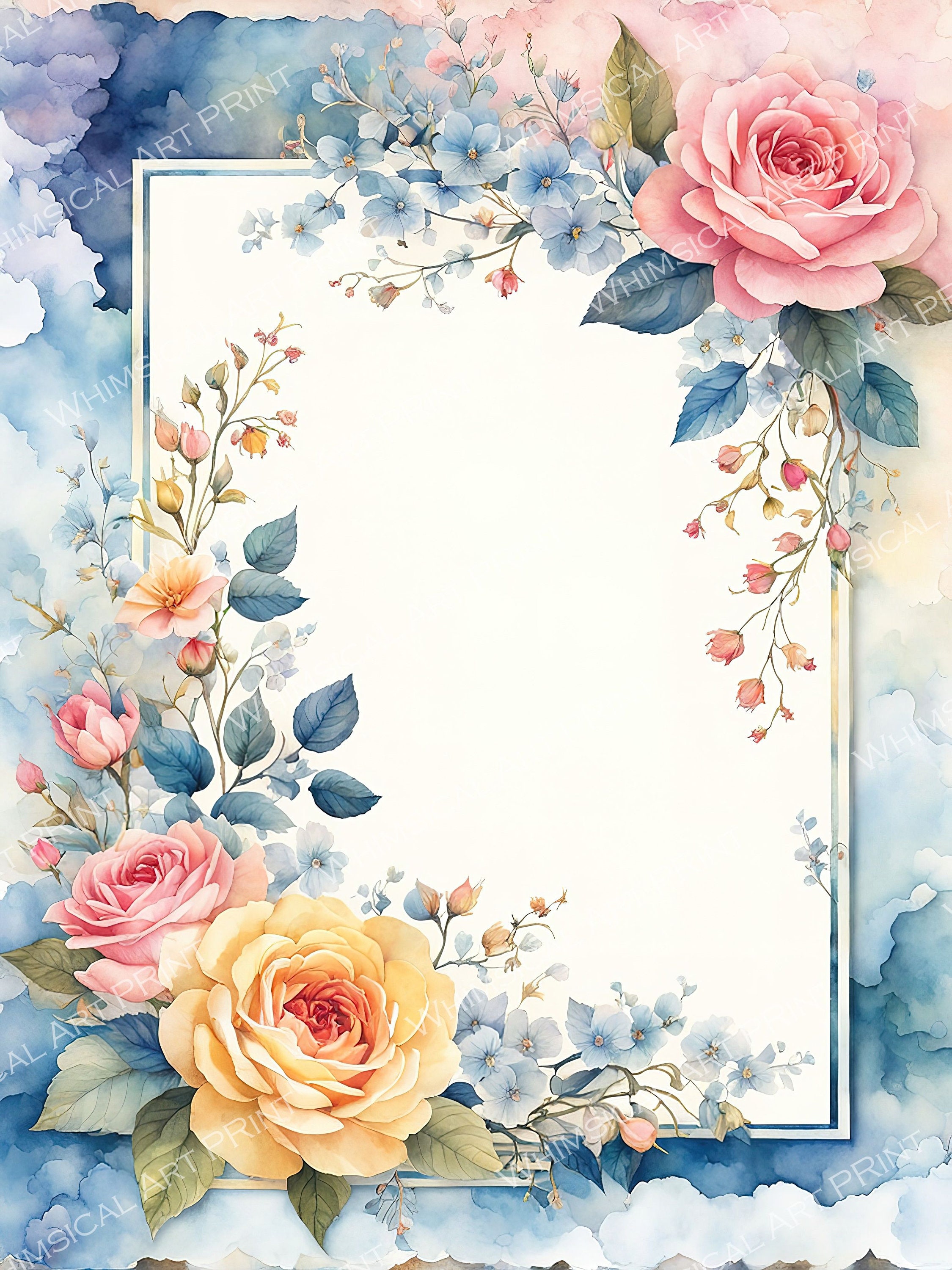 Watercolor Colorful Pastel Flower Border Digital Paper Pack, Botanical ...