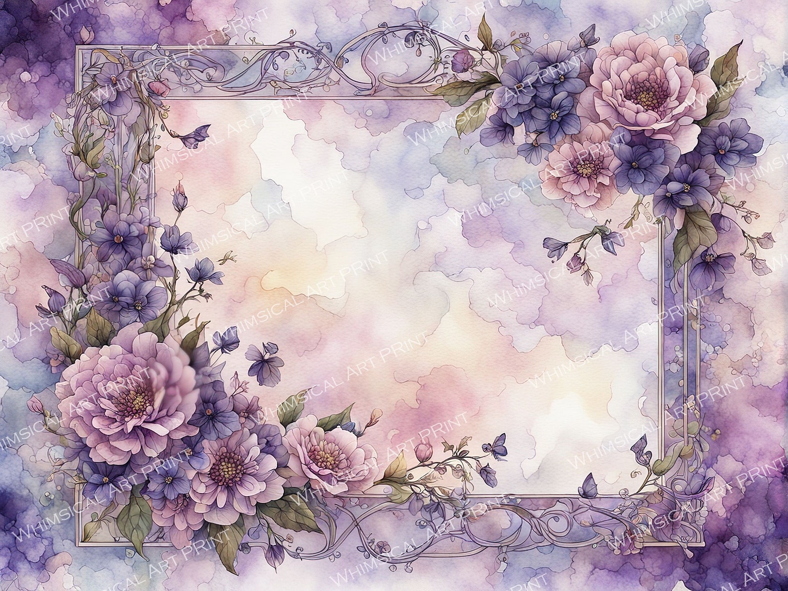 Lilac Floral Frame Digital Paper Pack: Watercolor Violet Backgrounds ...