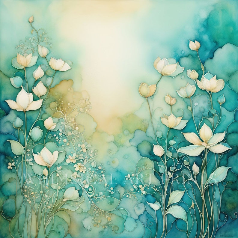 Turquoise Oasis Abstract Floral Digital Paper Set, Gold Foil With ...