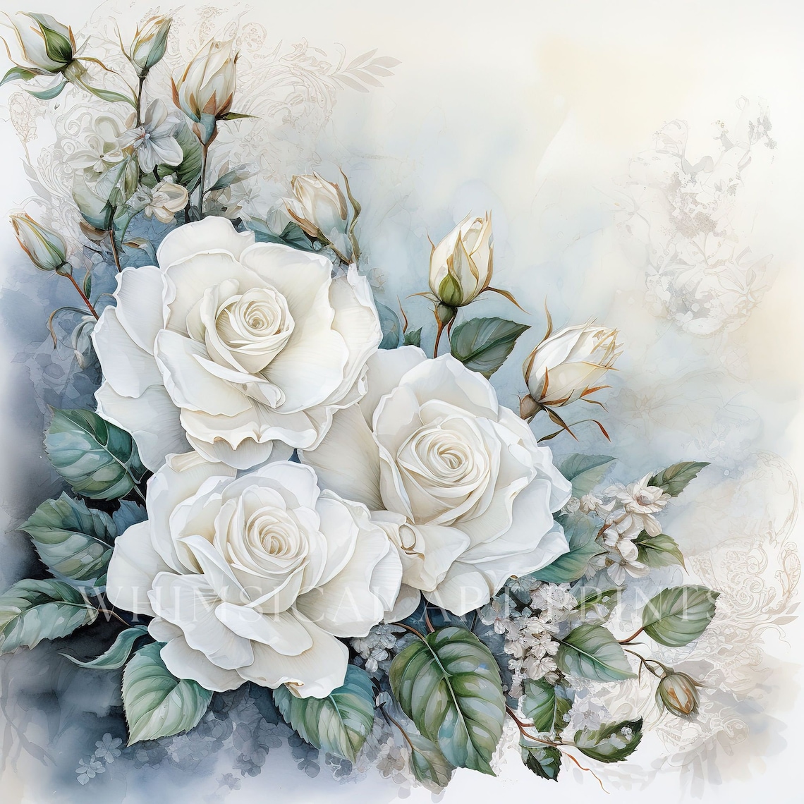 Romantic White Roses Digital Paper, Background Graphics, Watercolor ...