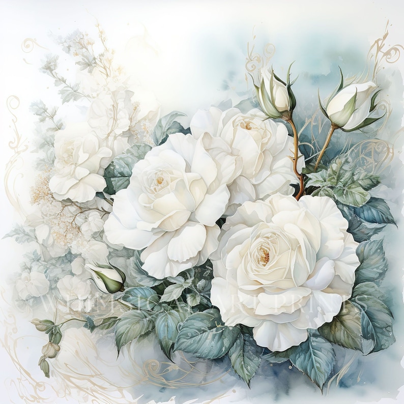 Romantic White Roses Digital Paper, Background Graphics, Watercolor ...