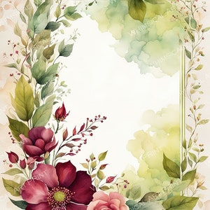 Watercolor Floral Page Frame Digital Paper Pack, Burgundy Flowers ...