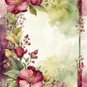 Watercolor Floral Page Frame Digital Paper Pack, Burgundy Flowers ...
