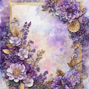 Watercolor Purple Floral Digital Paper: Gold Accents (10 JPG ...