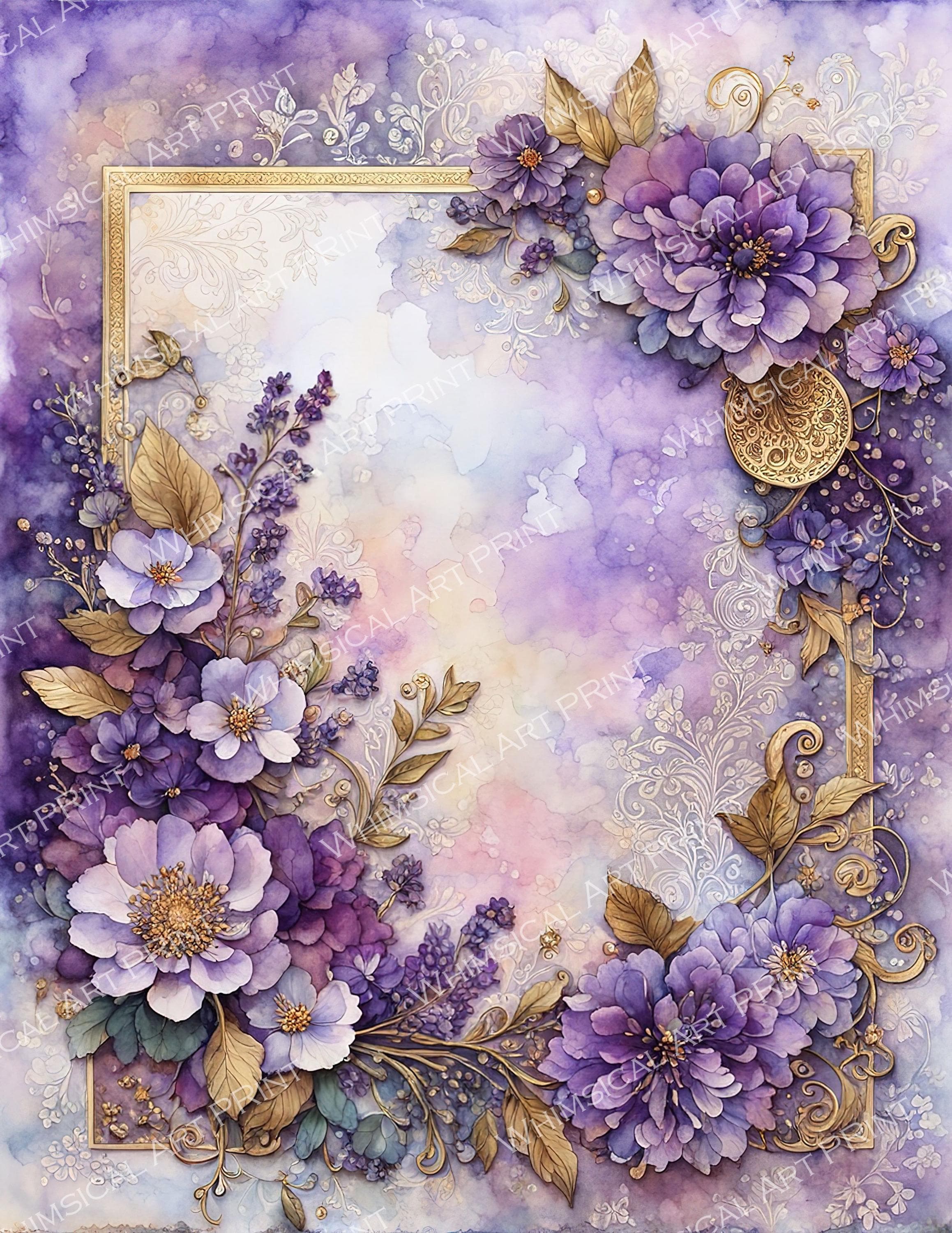 Watercolor Purple Floral Digital Paper: Gold Accents (10 JPG ...
