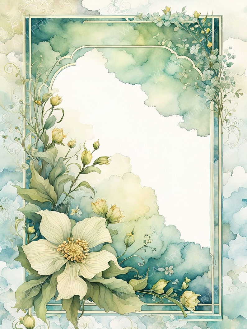 Watercolor Forest Green Floral Frame Digital Paper Pack, Botanical Page ...