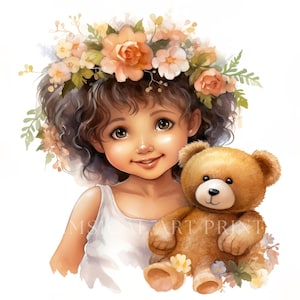 Cute Girl Teddy Bear Clipart, Watercolor Style Illustration, Happy Girl ...