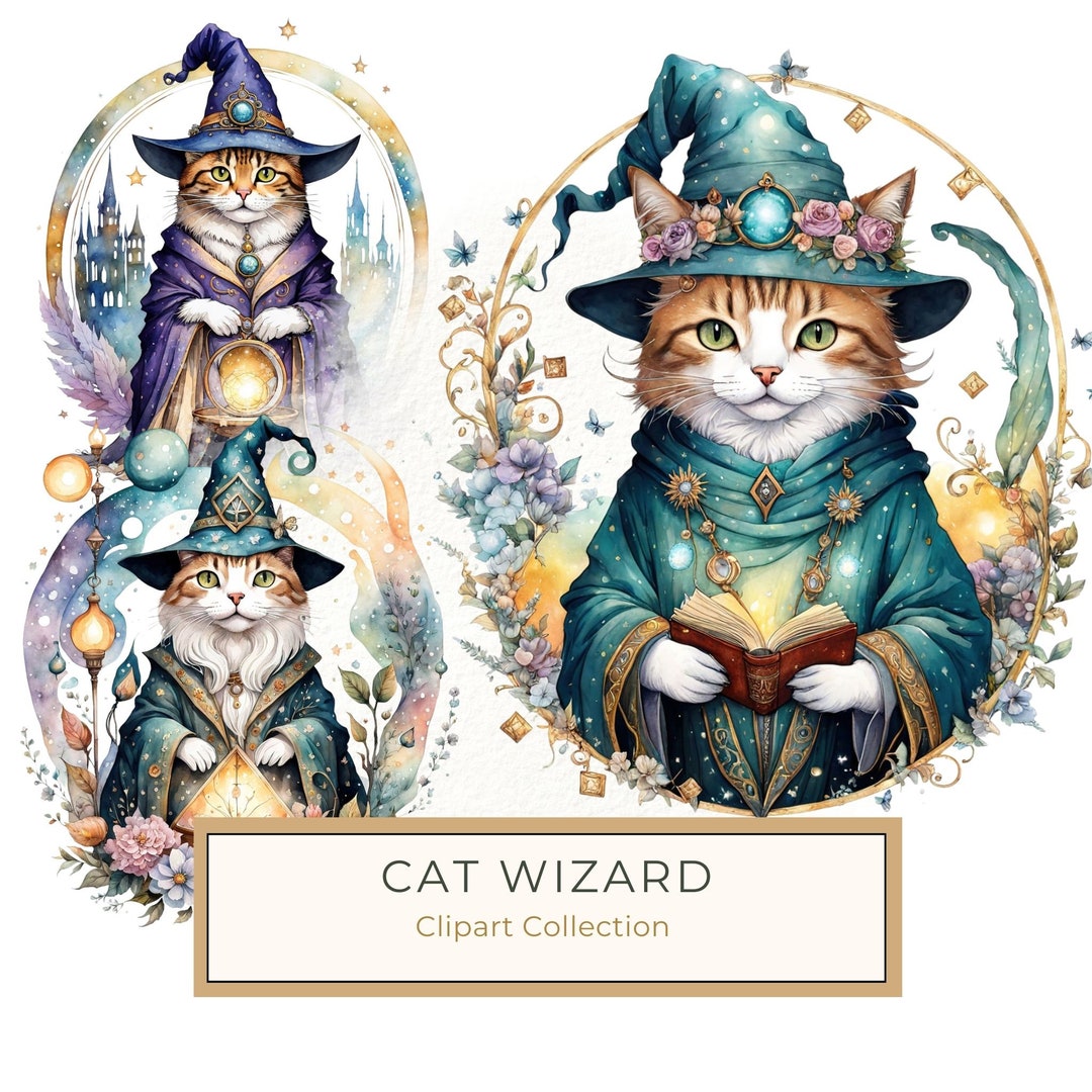 Whimsical Cat Wizard Clipart, Watercolor Boho Cat Design for ...