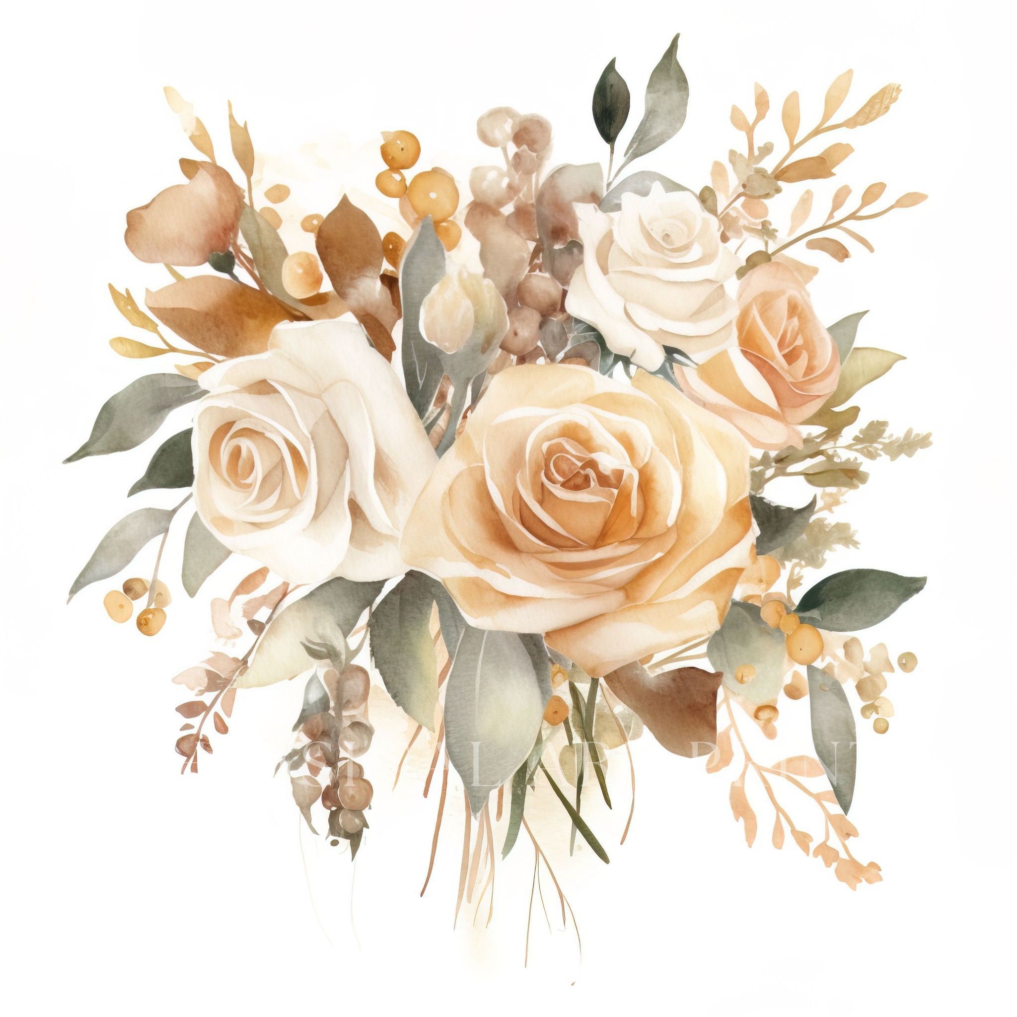 Rustic Roses Clipart, Watercolor Flowers, Ochre Beige Roses Bouquet ...