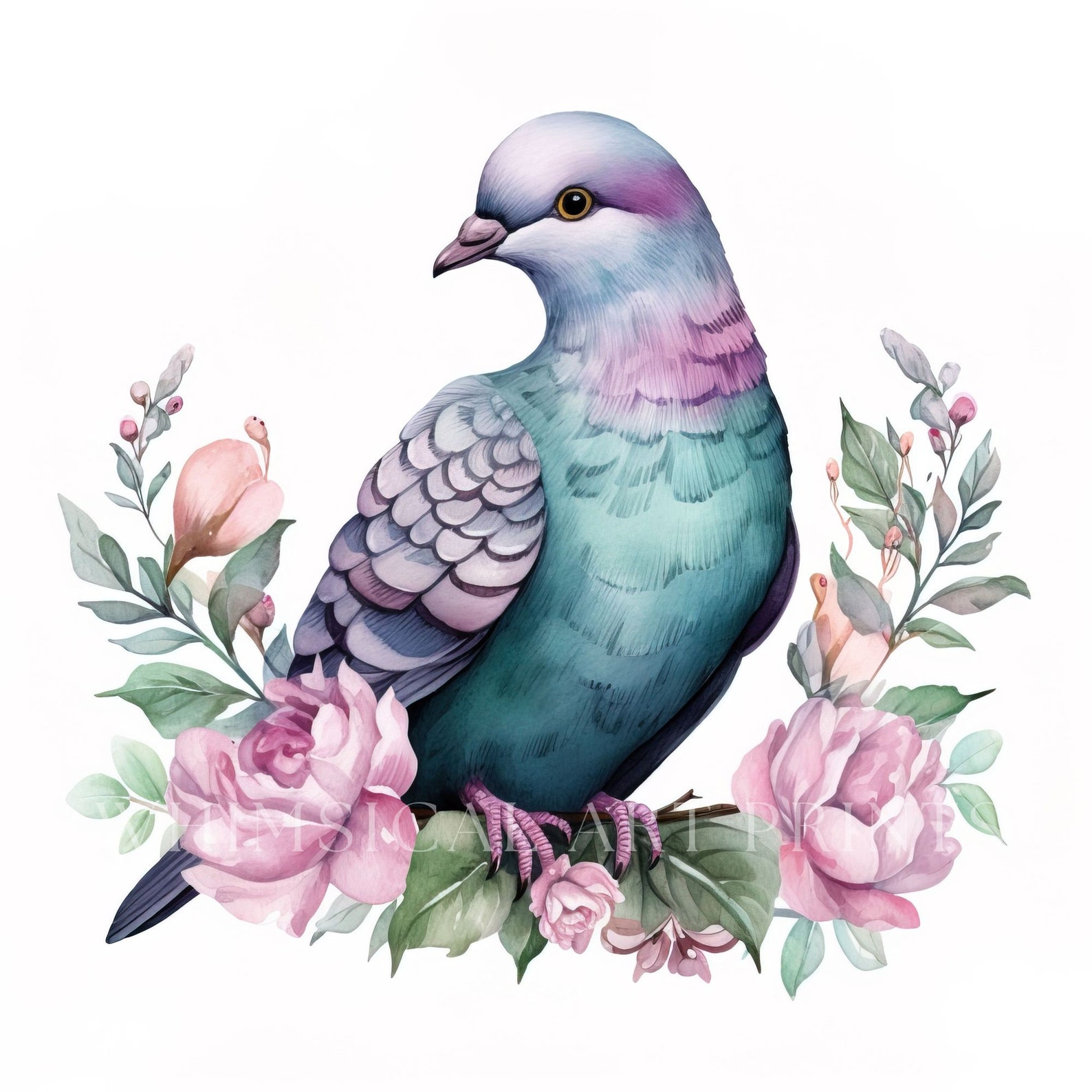 Pigeon Bird Clipart, Flowers, Green Pigeon on Flowery Branch Art ...