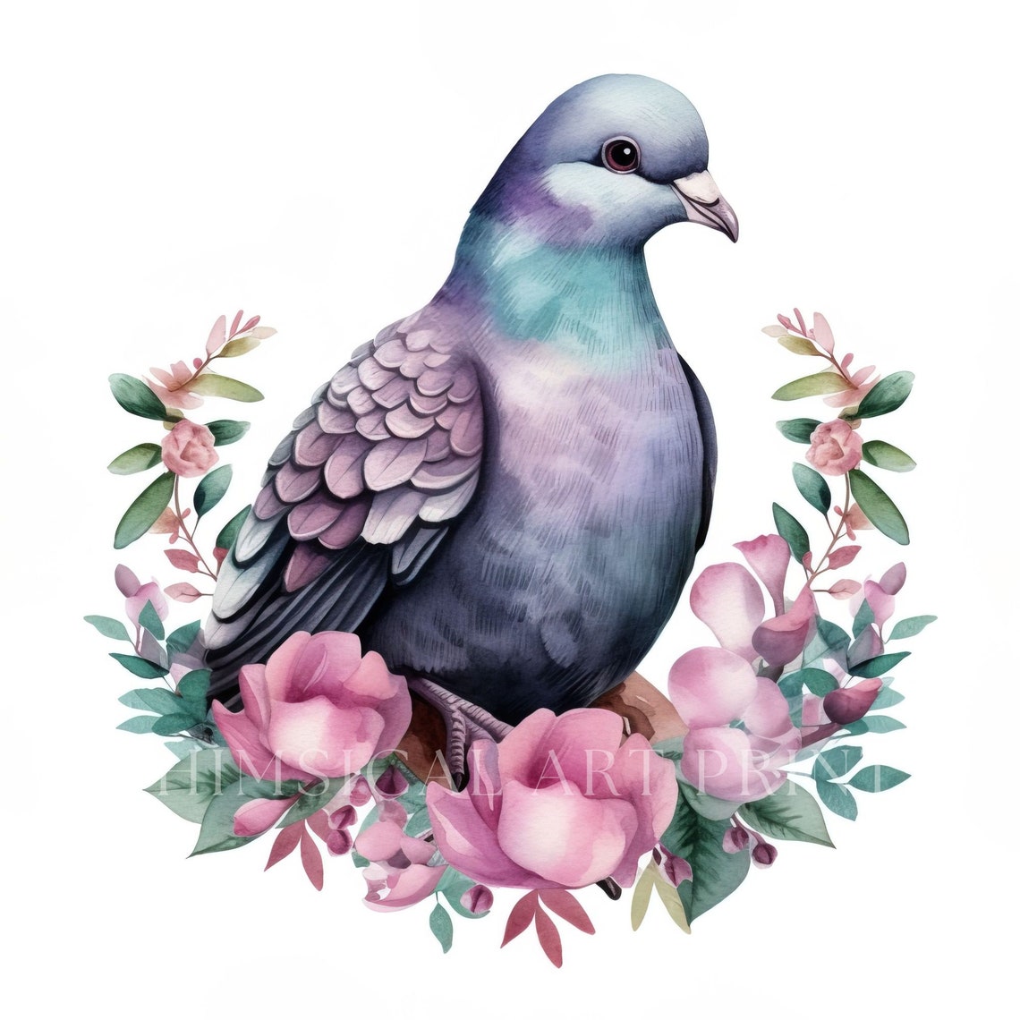 Pigeon Bird Clipart, Flowers, Green Pigeon on Flowery Branch Art ...