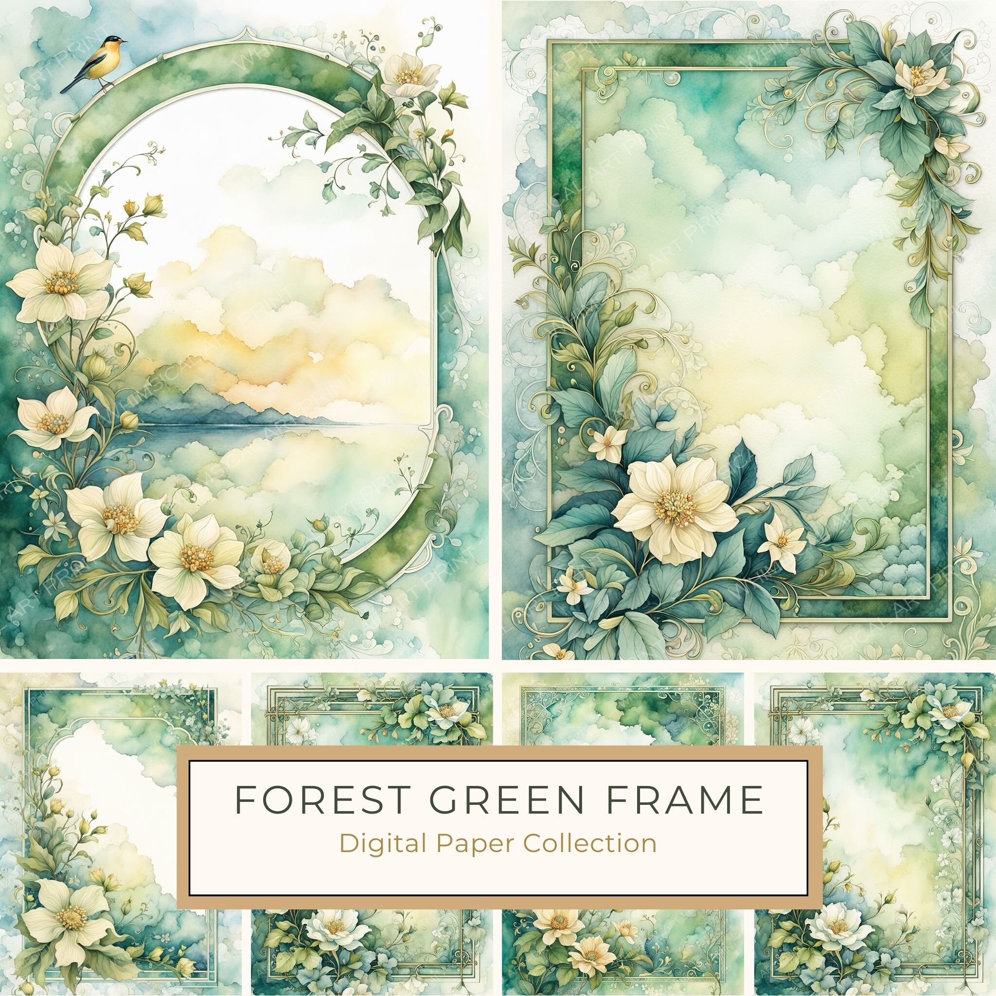 Watercolor Forest Green Floral Frame Digital Paper Pack, Botanical Page ...