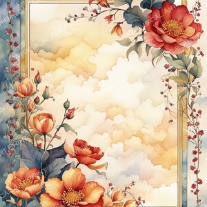 Watercolor Red and Orange Floral Border Digital Paper Pack, Botanical ...