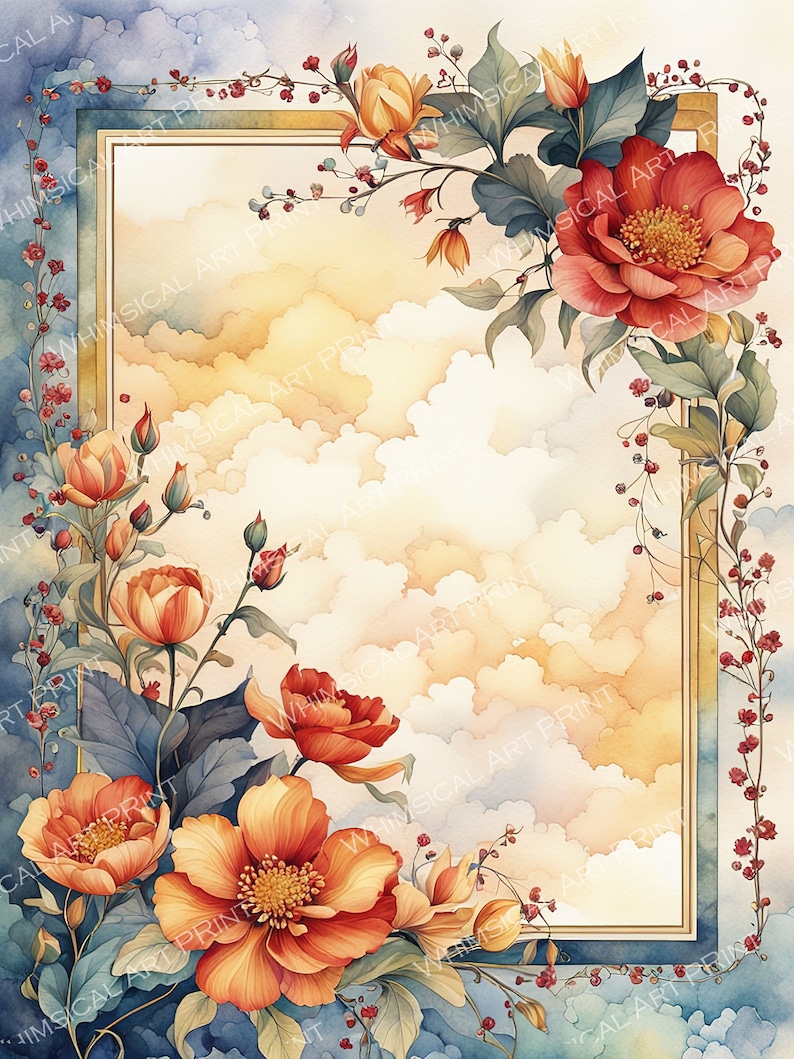 Watercolor Floral Border Digital Paper: Red & Orange Botanical Frames ...