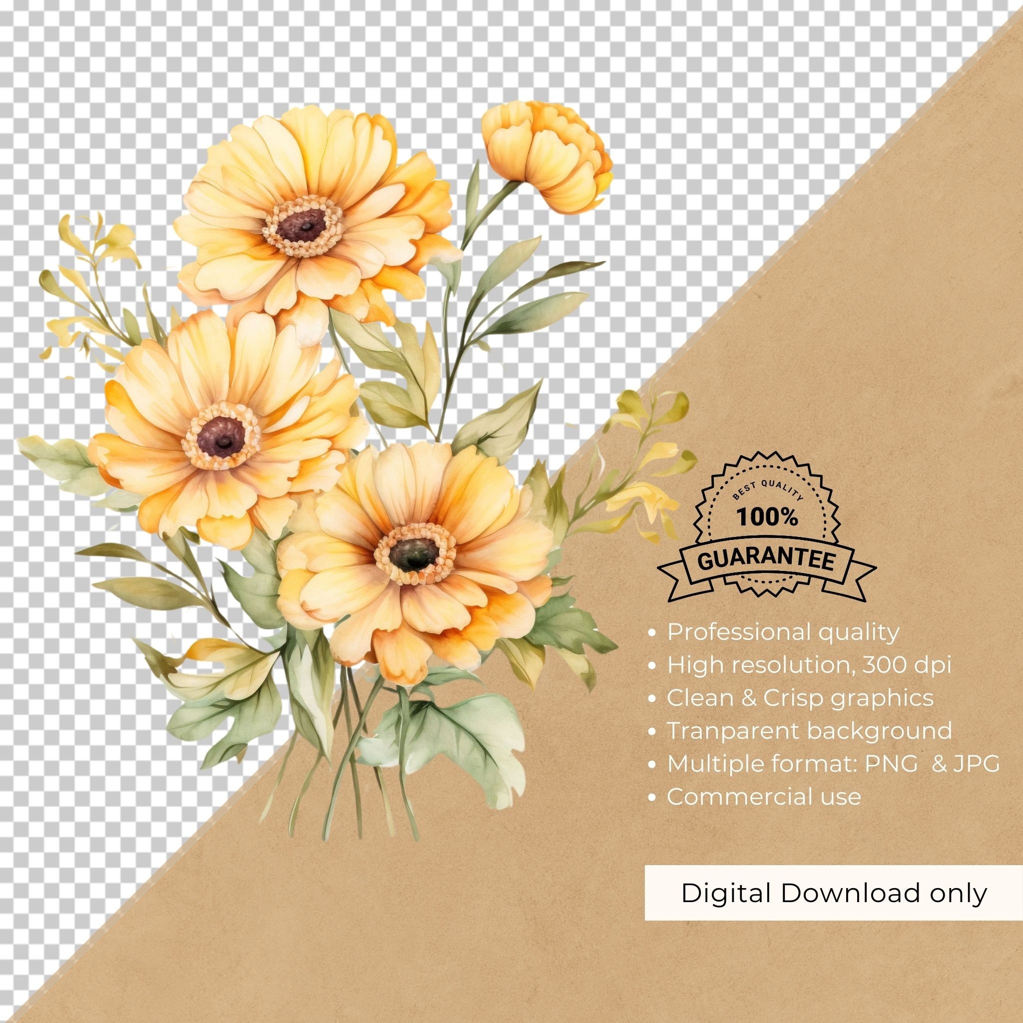 Yellow Daisy Watercolor Clipart: Floral PNG JPG (digital Download) - Etsy