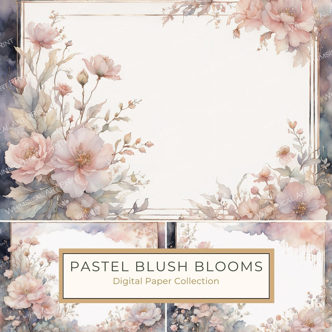 Pastel Blush Watercolor Floral Digital Paper, Abstract Borders for ...