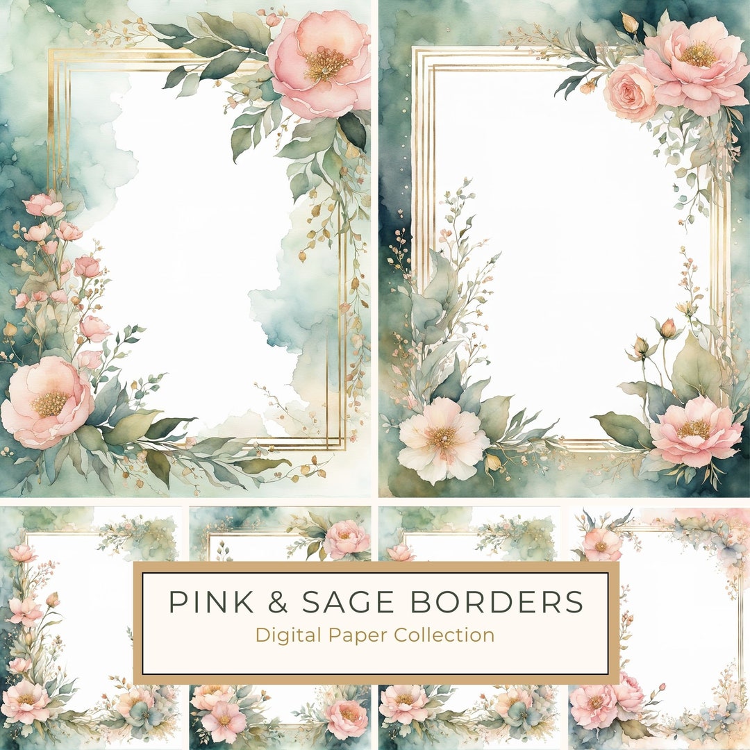 Watercolorpink and Sage Pastel Border Digital Paper, Botanical Frame ...