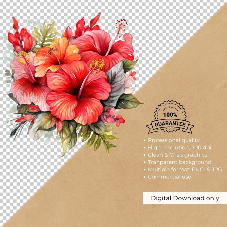 Red Hibiscus Clipart, Hibiscus Watercolor Flower Bouquet Graphic, Red ...