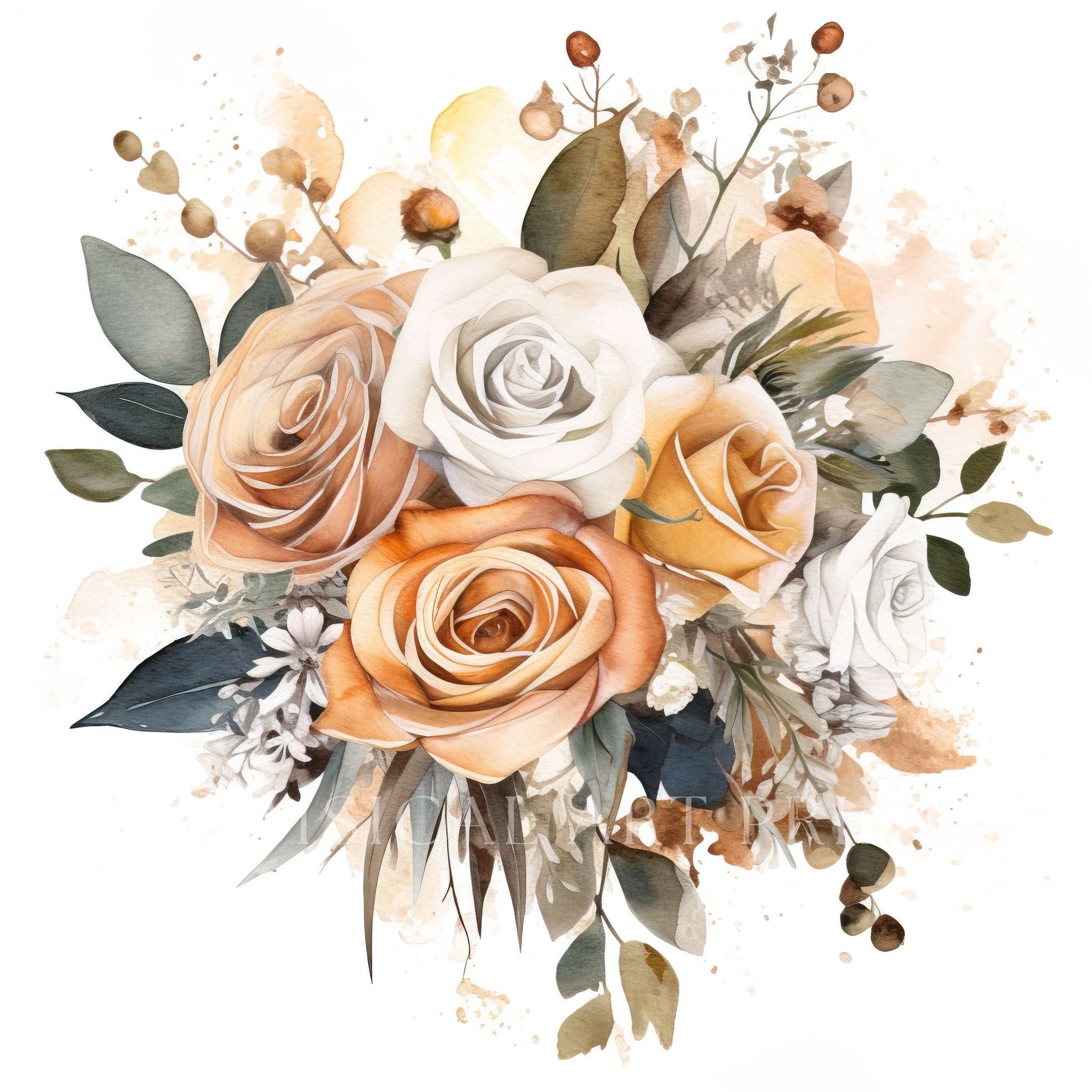 Rustic Roses Clipart, Watercolor Flowers, Ochre Beige Roses Bouquet ...