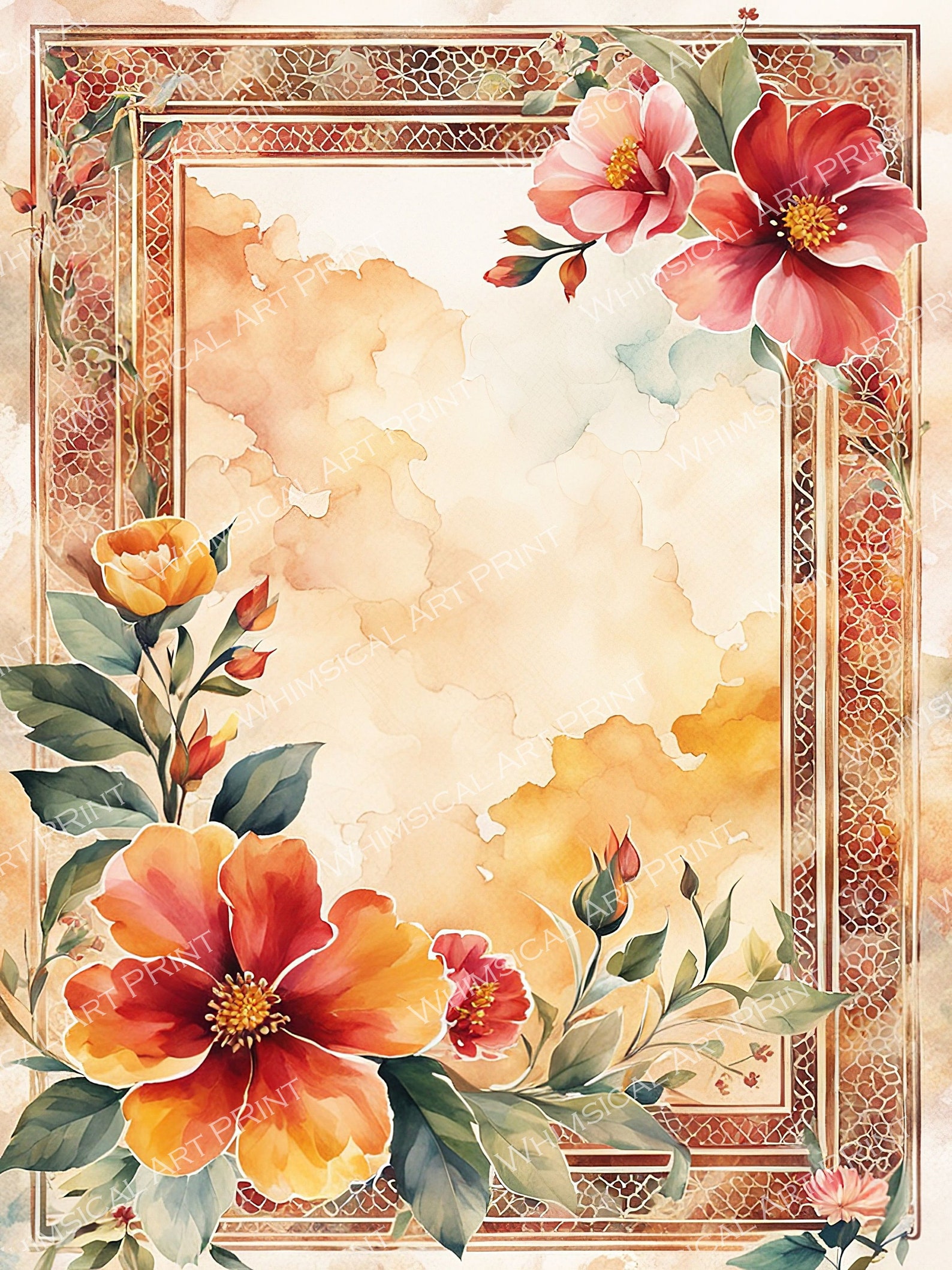 Watercolor Floral Border Digital Paper: Red & Orange Botanical Frames ...