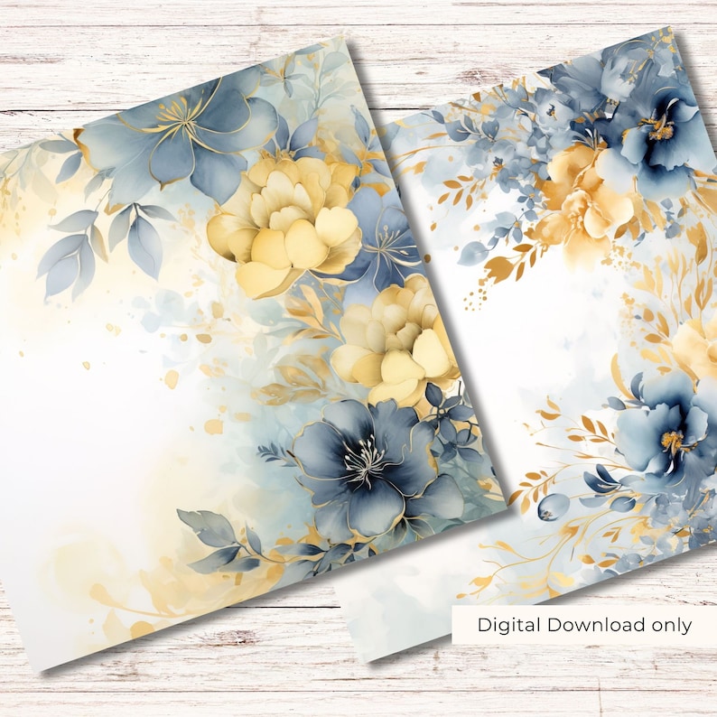 Blue & Mustard Floral Digital Paper: Watercolor Flower Graphics (300 ...