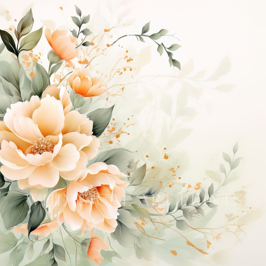 Peach and Sage Digital Paper, Floral Background Graphics, Watercolor ...