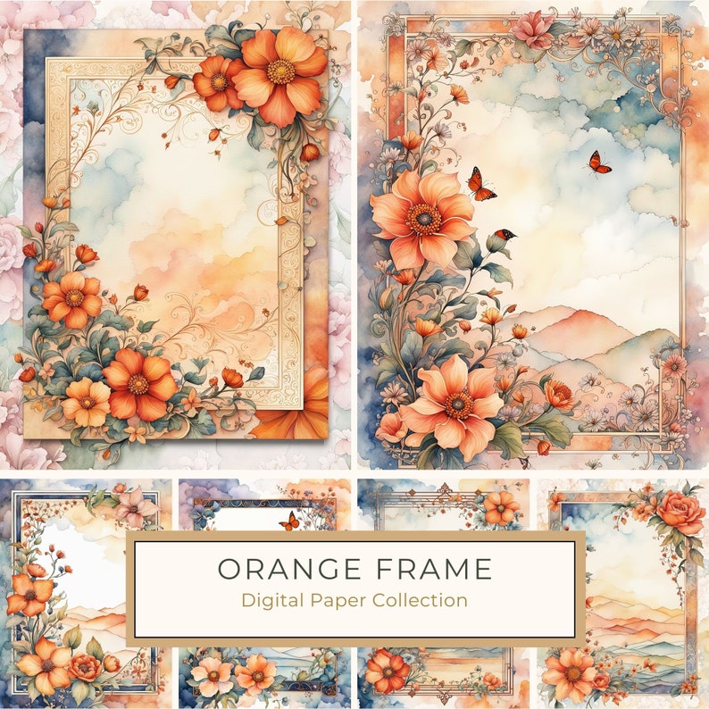 Boho Watercolor Floral Frame Digital Paper Pack, Orange Flowers Border ...