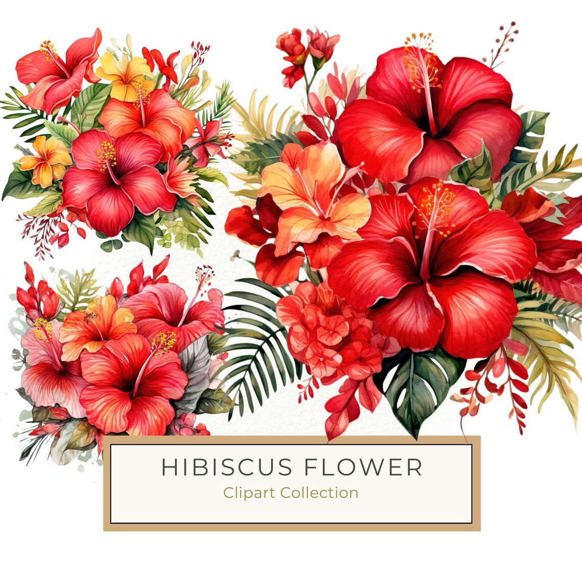 Red Hibiscus Clipart, Hibiscus Watercolor Flower Bouquet Graphic, Red ...