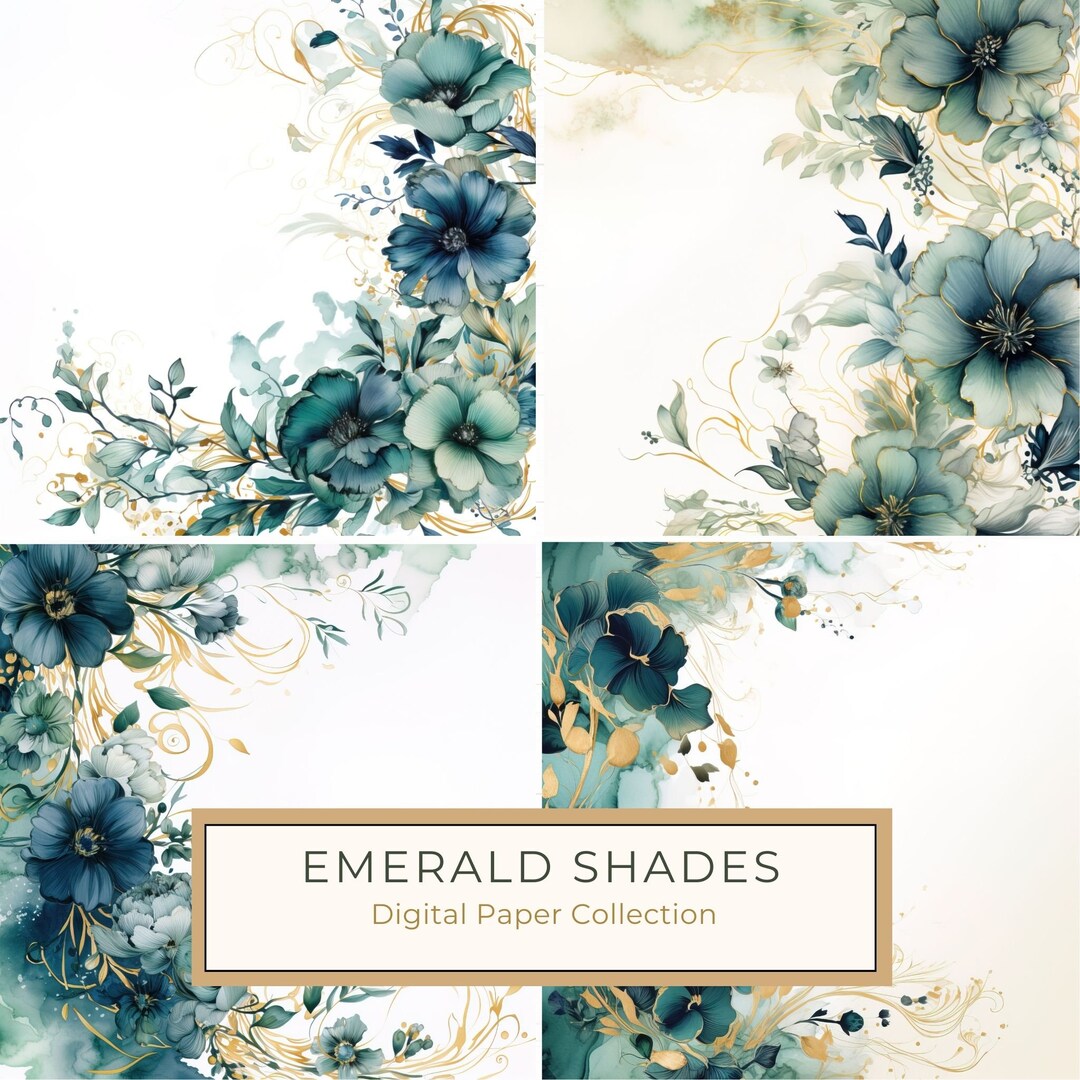 Emerald and Navy Digital Paper, Floral Background Graphics, Watercolor ...