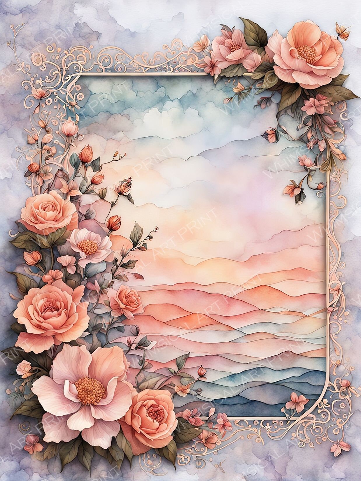 Watercolor Floral Frame Digital Paper: Pastel Peach Botanical Borders ...