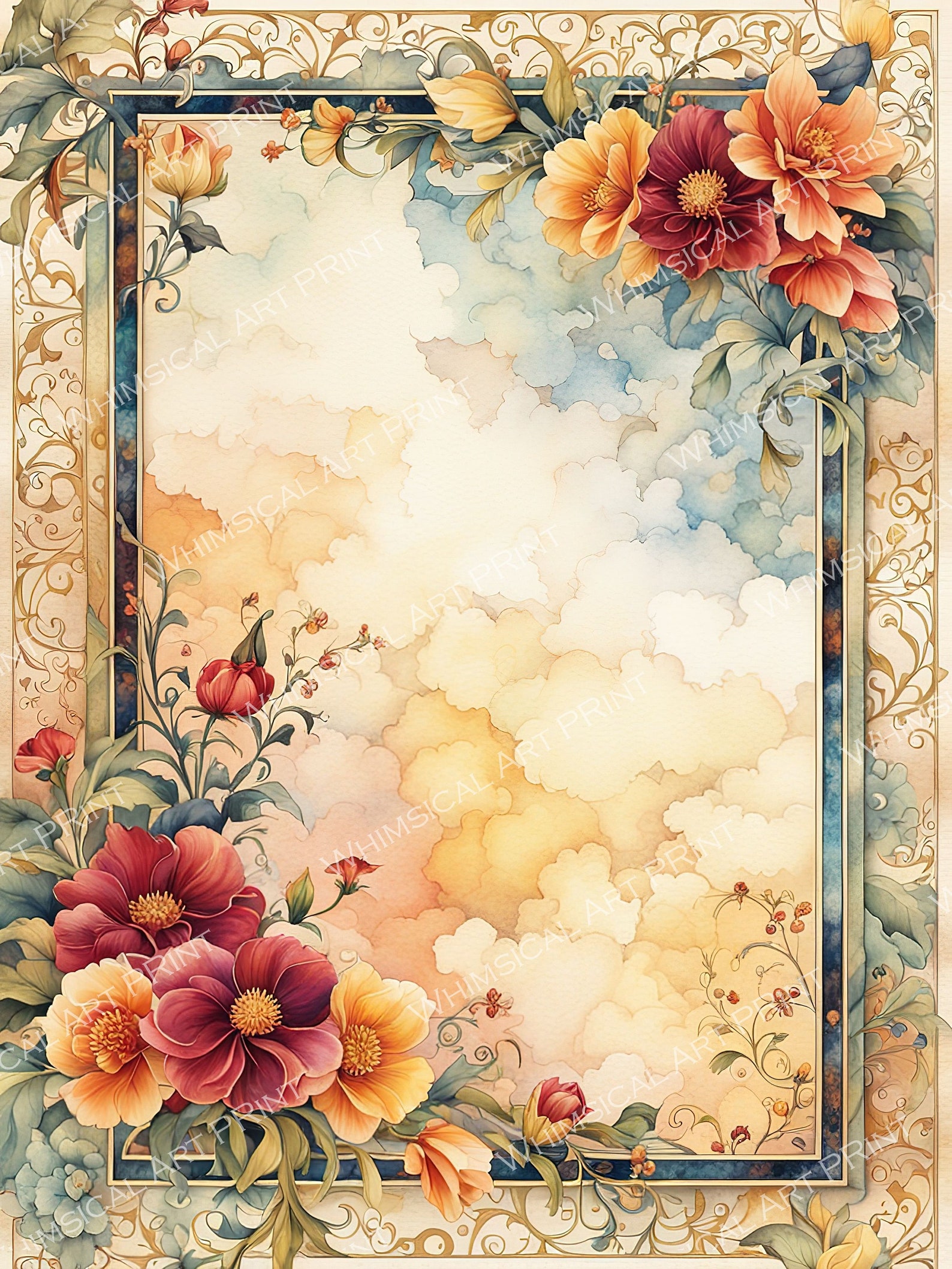 Watercolor Red and Orange Floral Border Digital Paper Pack, Botanical ...