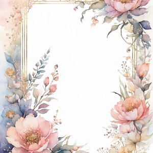 Watercolor Pink and Blue Pastel Border Digital Paper, Botanical Frame ...