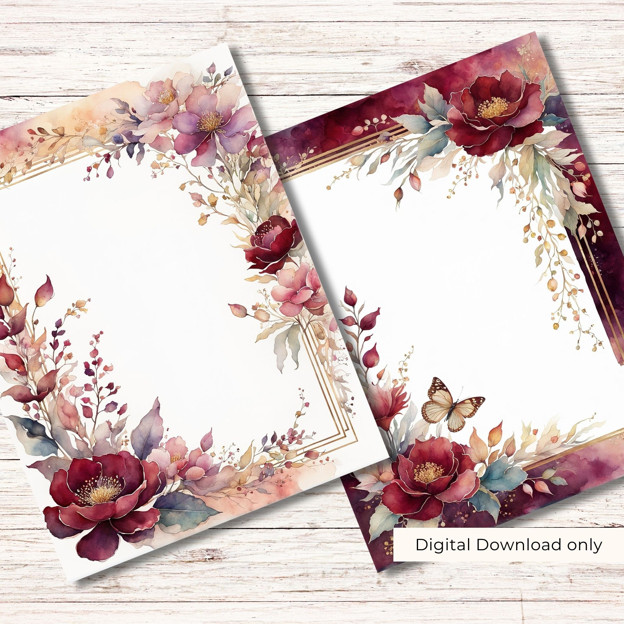 Watercolor Burgundy Pastel Floral Border Digital Paper, Botanical Frame ...
