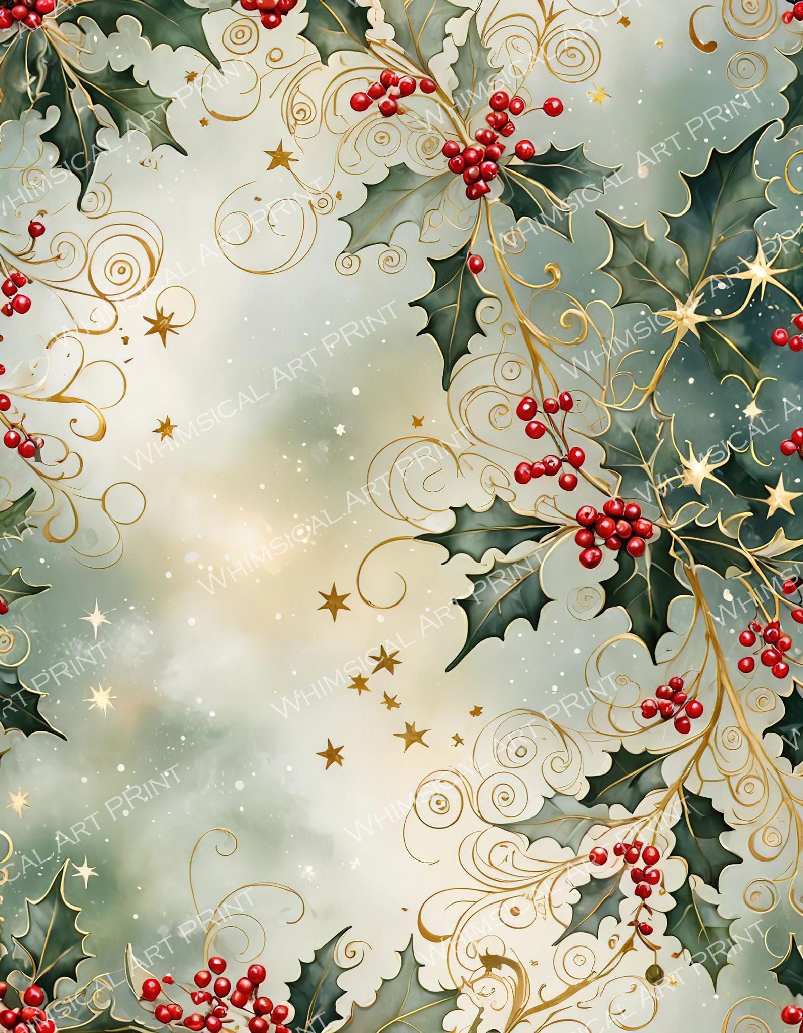 Watercolor Christmas Digital Paper: Vintage Foliage & Gold (digital ...