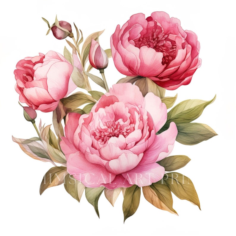 Pink Peonies Clipart, Peony Floral Bouquet PNG, Watercolor Flowers Wall ...