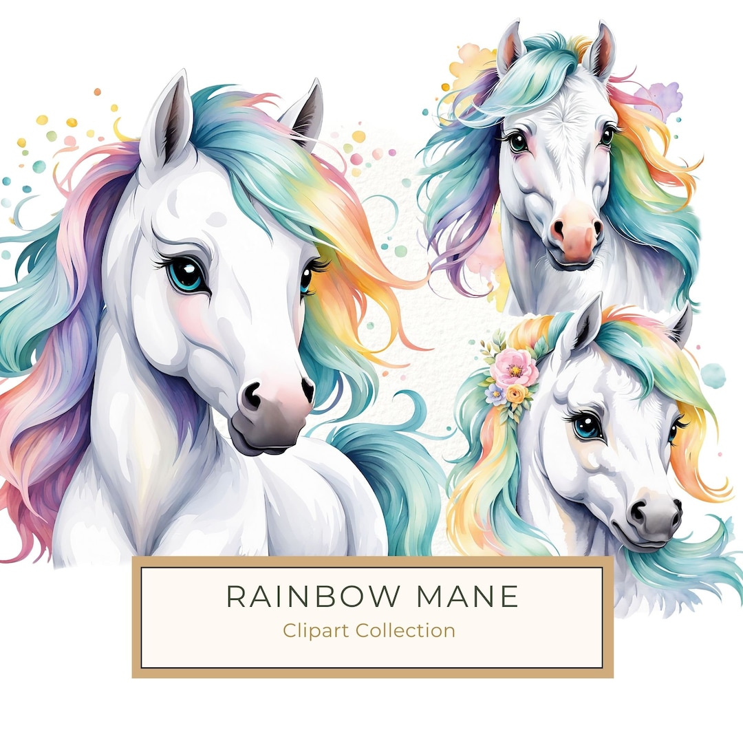 Rainbow Mane White Horse Clipart: Nursery Pony Art, Journaling Pngs ...