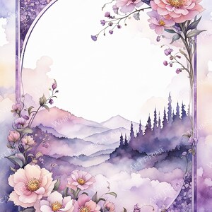 Watercolor Boho Purple Floral Frame Digital Paper Pack, Wedding ...