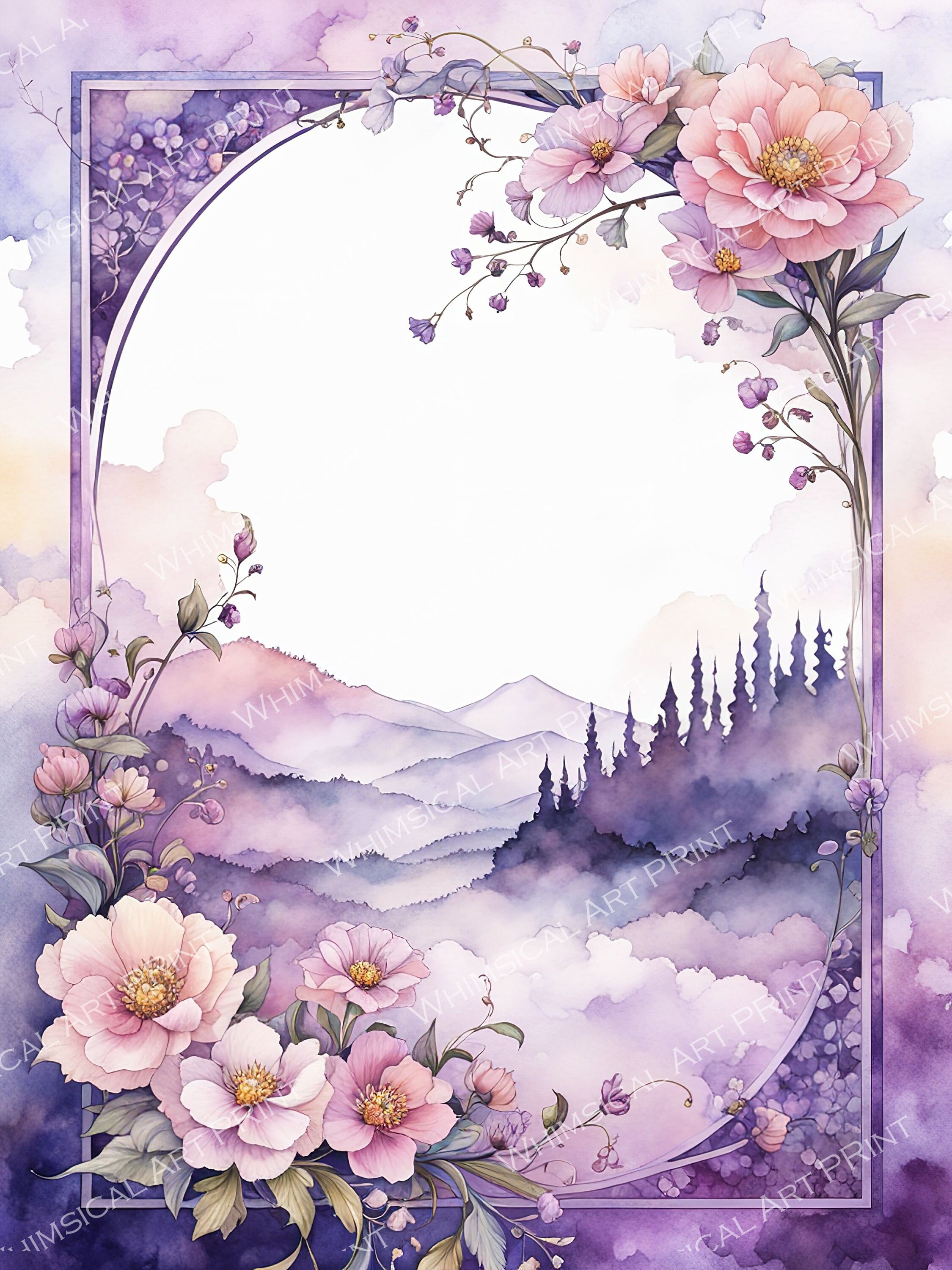 Watercolor Floral Frame Digital Paper: Boho Purple Wedding Stationery ...