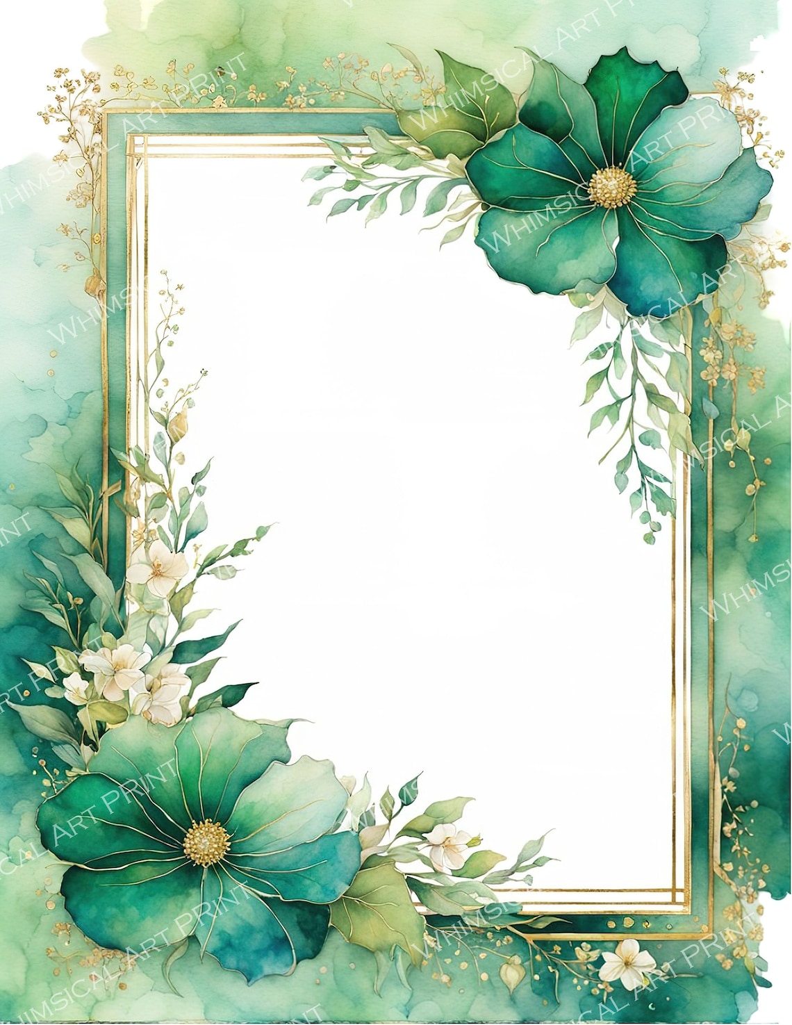 Emerald Green Floral Frame: Botanical Watercolor Art (10 Jpgs Digital ...