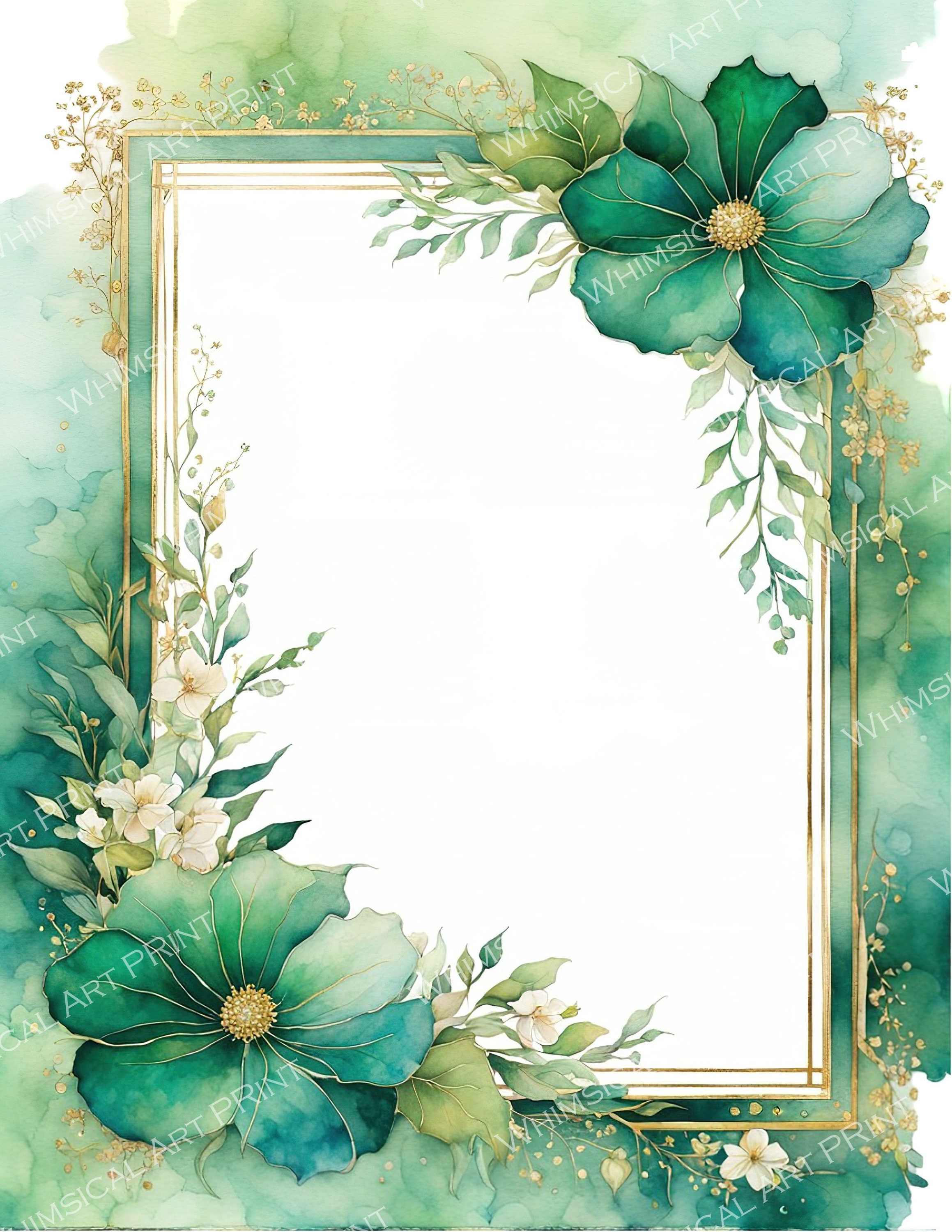 Emerald Green Floral Frame: Botanical Watercolor Art (10 Jpgs Digital ...