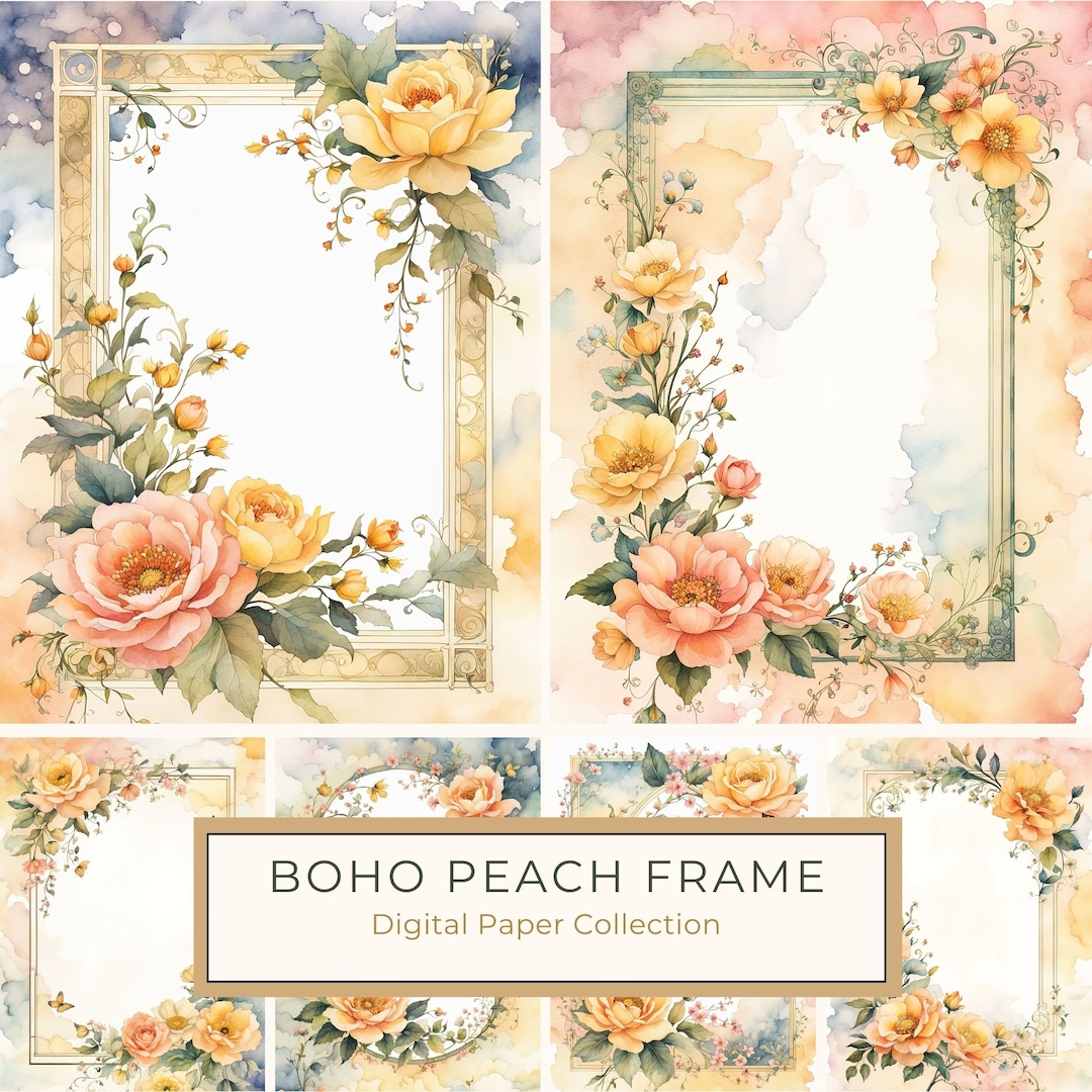 Boho Floral Frame Digital Paper Pack: Peach & Yellow Watercolor (10 ...