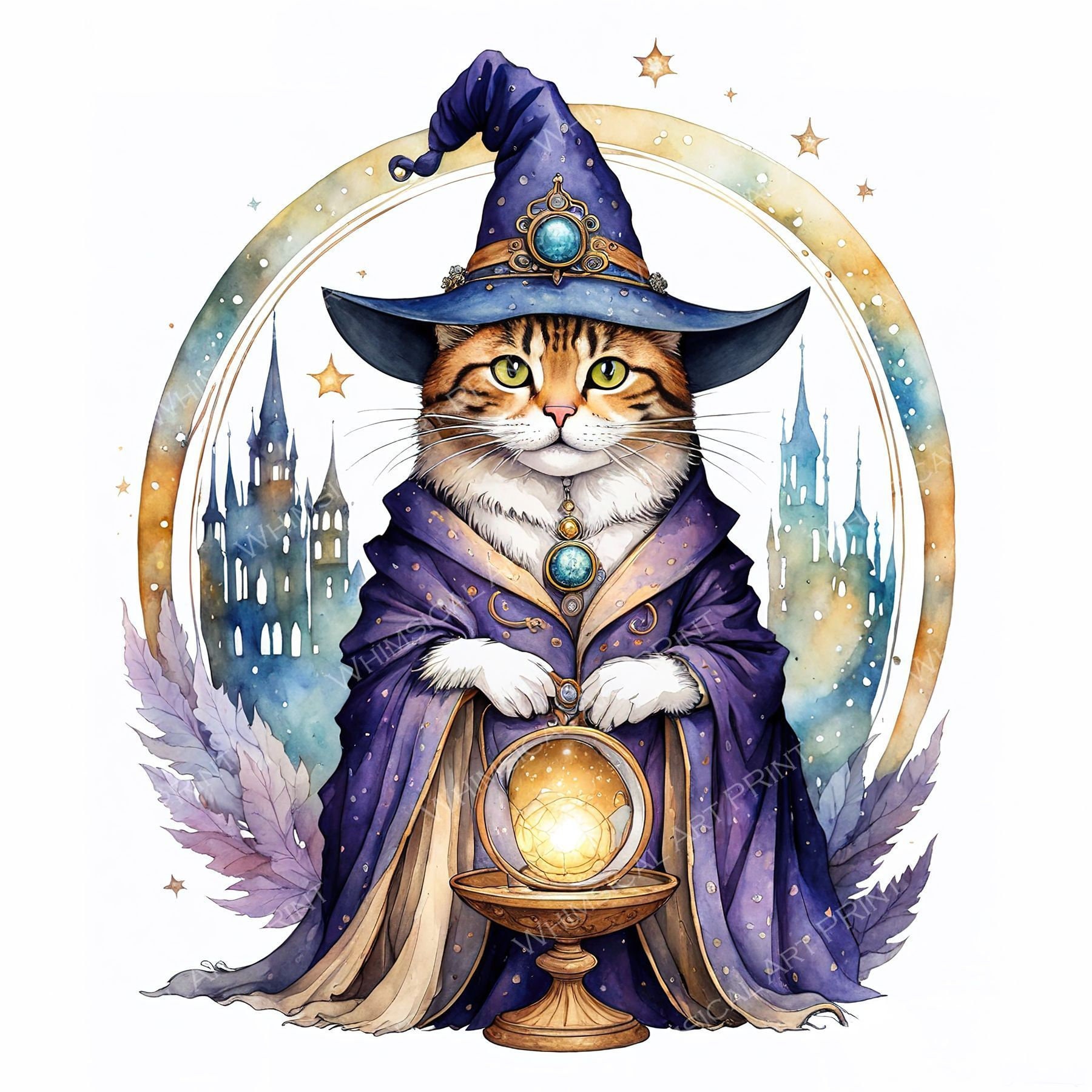 Whimsical Cat Wizard Clipart, Watercolor Boho Cat Design for ...