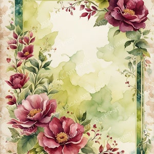 Watercolor Floral Page Frame Digital Paper Pack, Burgundy Flowers ...