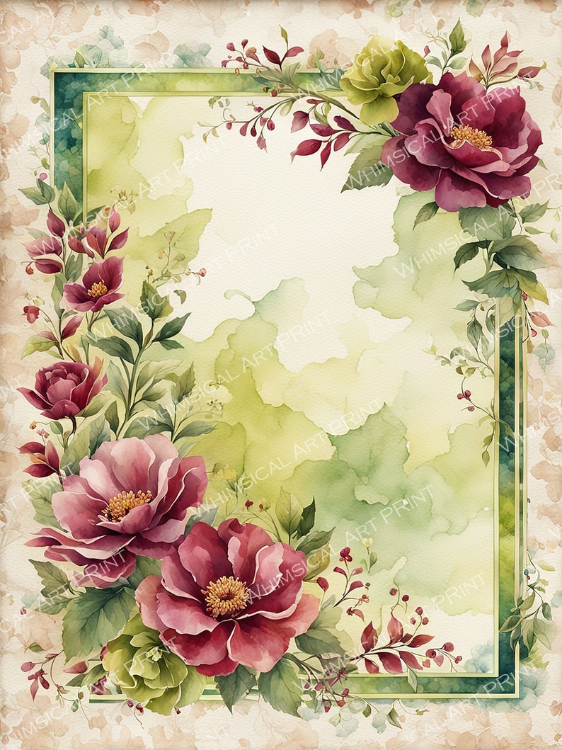 Watercolor Floral Page Frame Digital Paper Pack, Burgundy Flowers ...