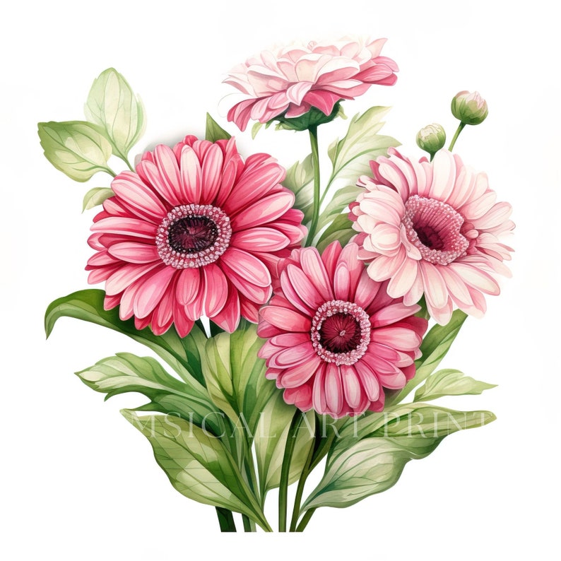 Pink Gerbera Daisy Clipart Vol. 2, Watercolor Floral Bouquet Art ...